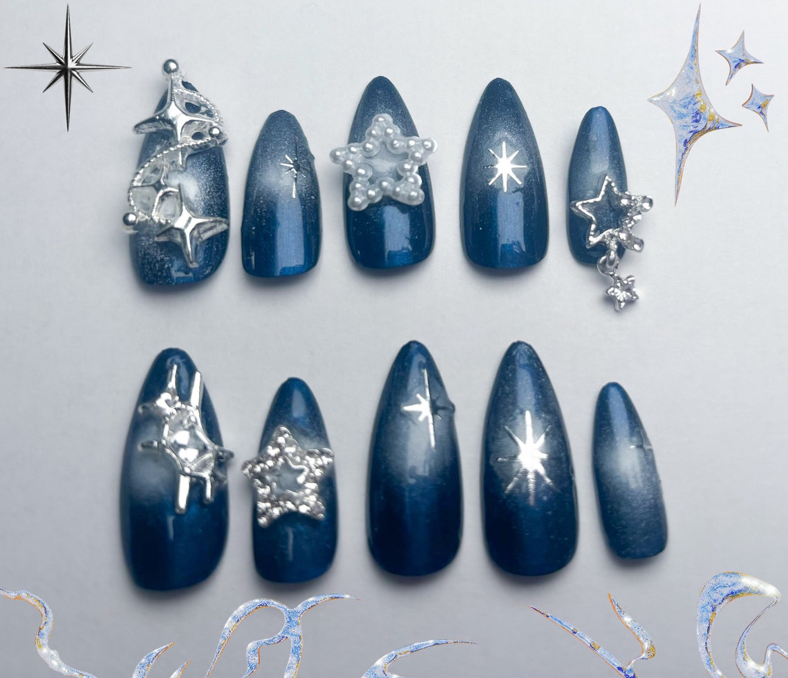 Press on Nails Y2k Blue Star Stiletto Nails - Etsy