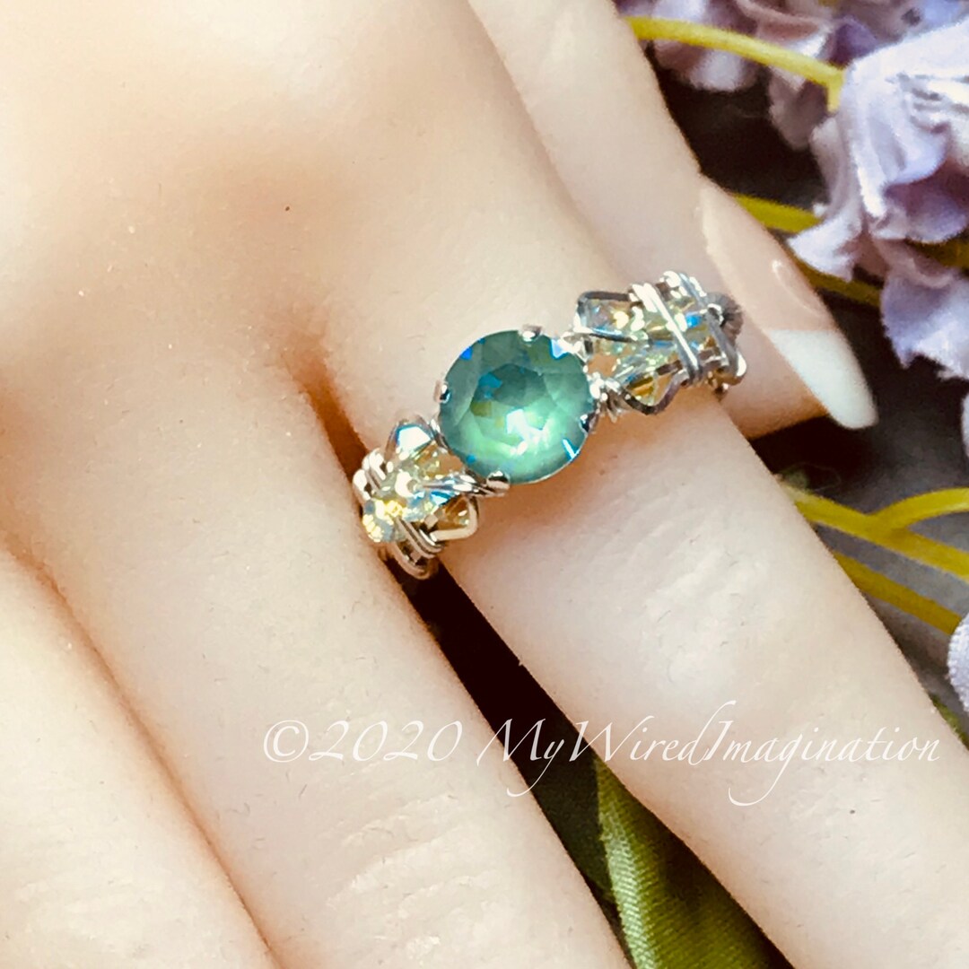 Silky Sage Delite Handmade Ring, Genuine Swarovski Crystal, Handmade Ring, Summery Pale Green ...