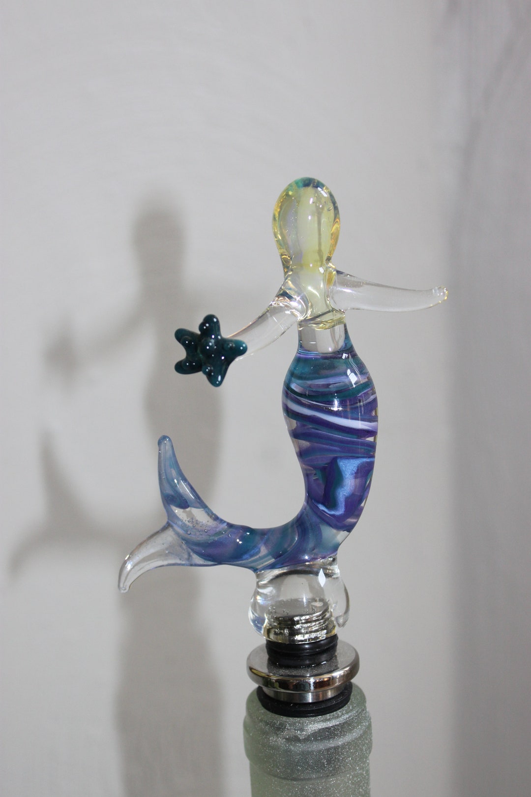 Hand Blown Glass Mermaid Wine Stopper, Shades of Purple and Teal Color ...