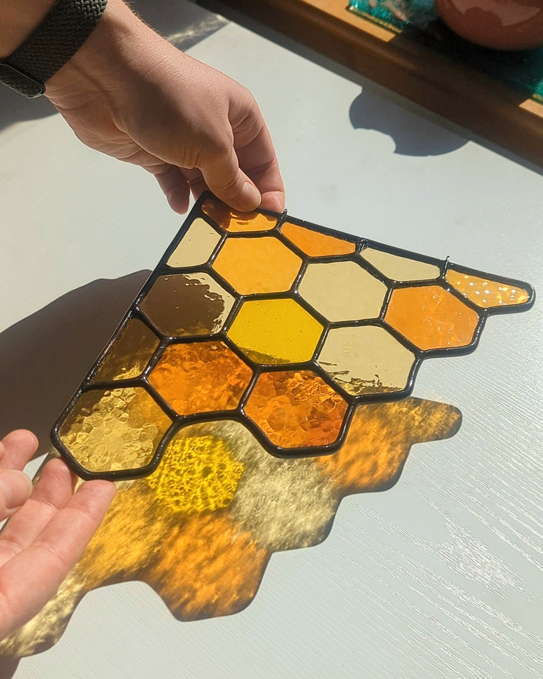 Honeycomb Suncatcher - Hanging Stained Glass Corner Decor for Window or ...