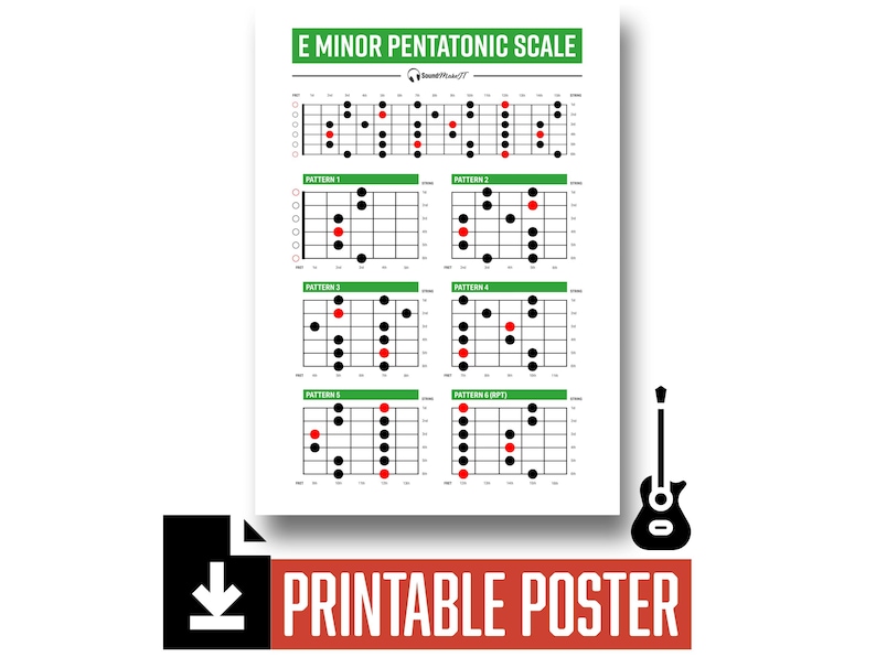 E Minor Pentatonic Scale Chart Guitarist-made JPEG, 300 DPI Printable ...
