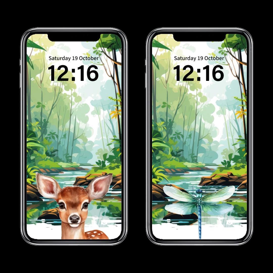 Deer Phone Wallpaper With Forest and Stream Watercolor Style Dragonfly ...