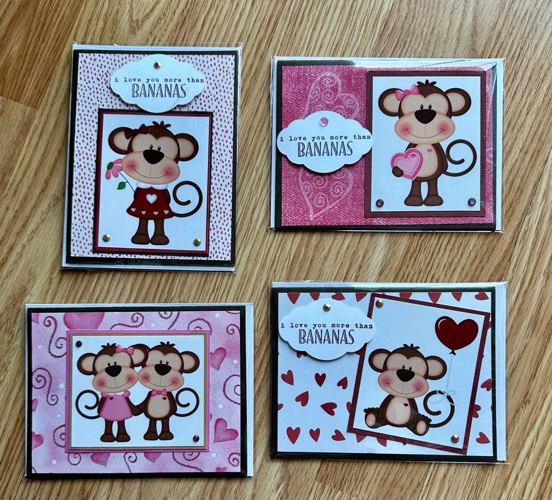 Monkey Valentines Day Cards I Love You More Than Bananas Cute Red White ...