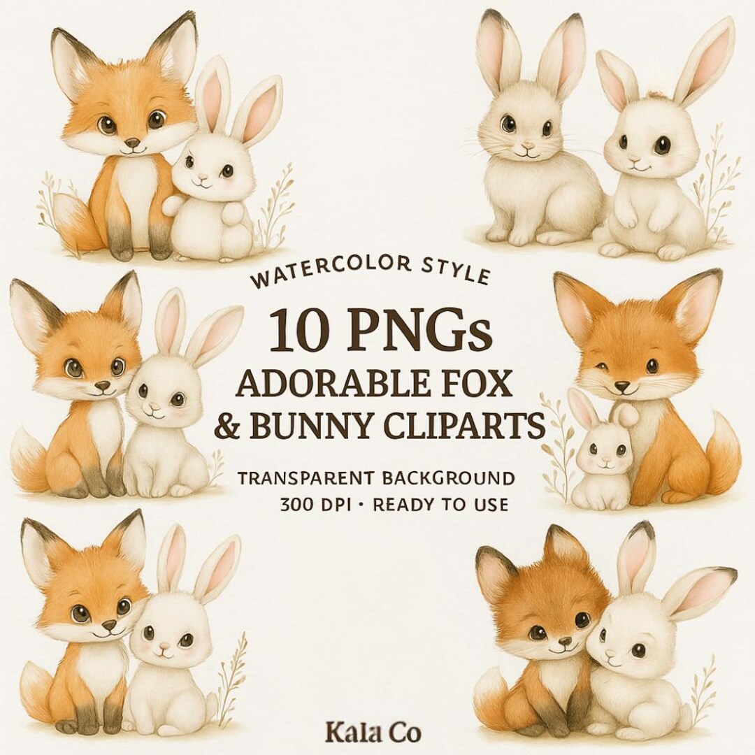 Watercolor Fox & Bunny Clipart – Nursery Art PNG Bundle (digital ...