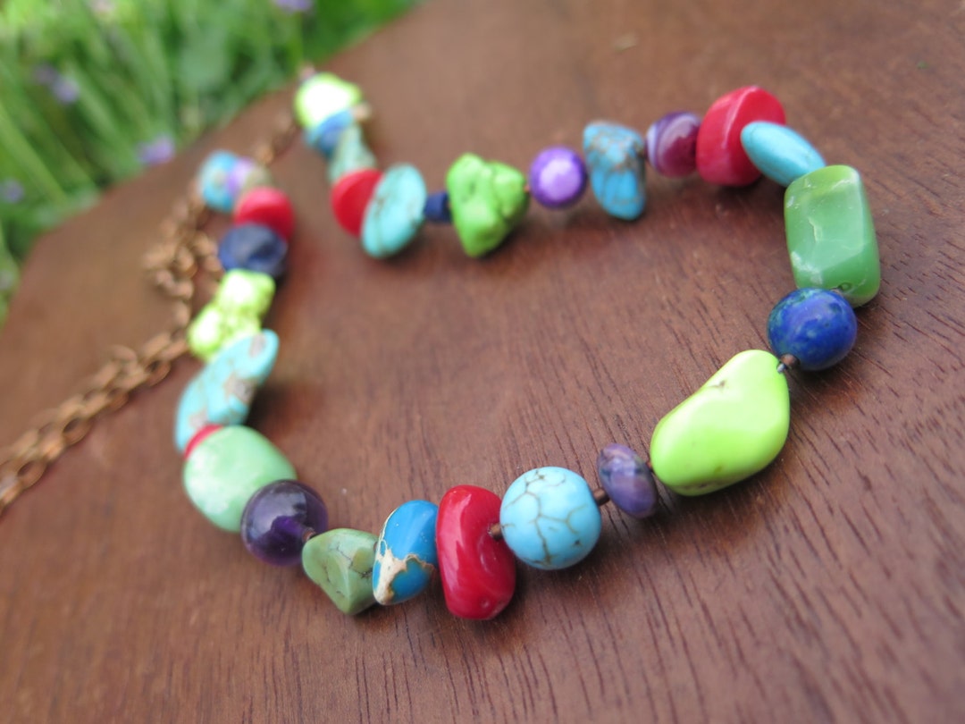 Mexican Inspired Medium Length Boho Stone & Wood Necklace Bright Copper ...