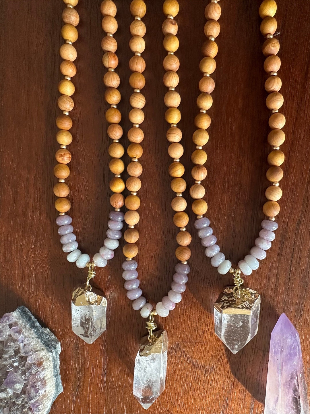 Pointed Clear Quartz Crystal and Lavender Purple Jasper Long Necklace ...