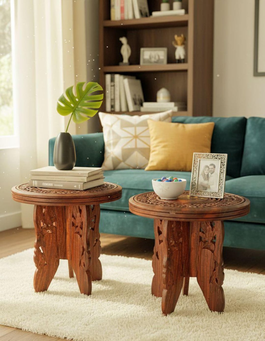 Handcrafted Wood Carved Side Tables | Boho Indian Decor, Set of 2 - Etsy