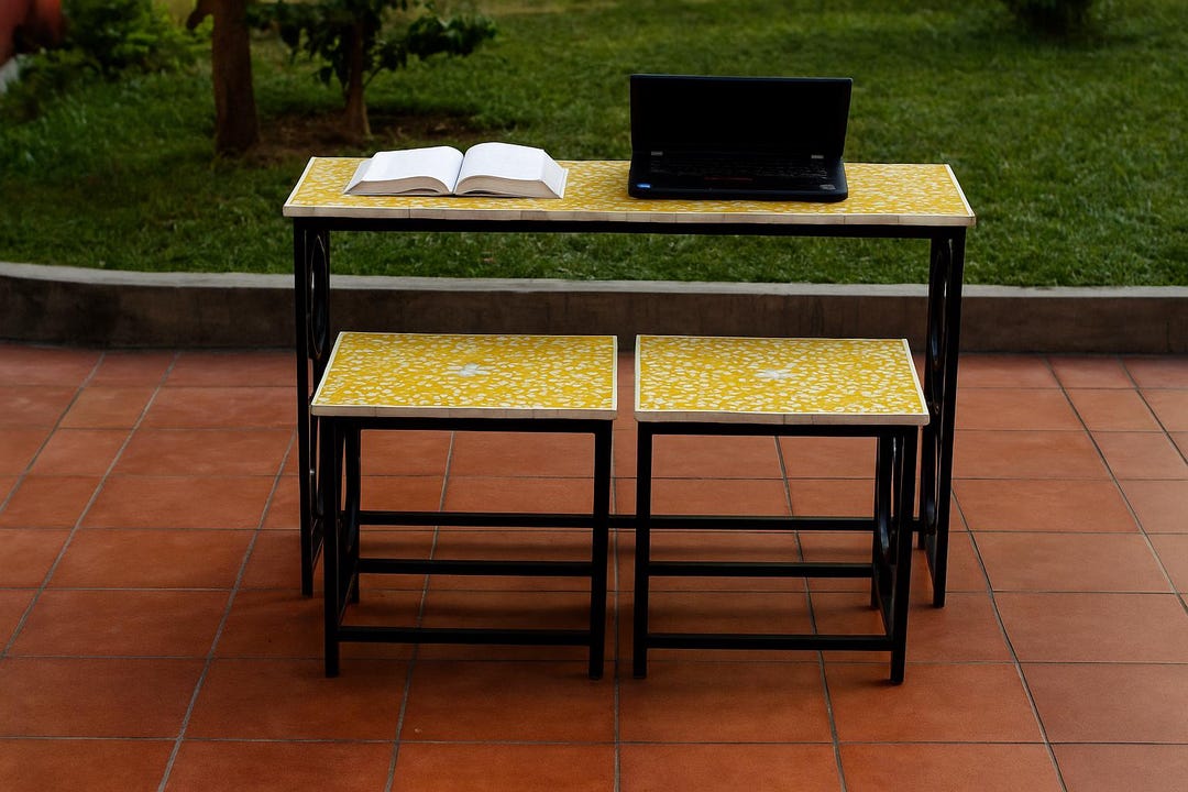 Handmade Bone Inlay Study Table With Stools: Yellow Floral Design - Etsy