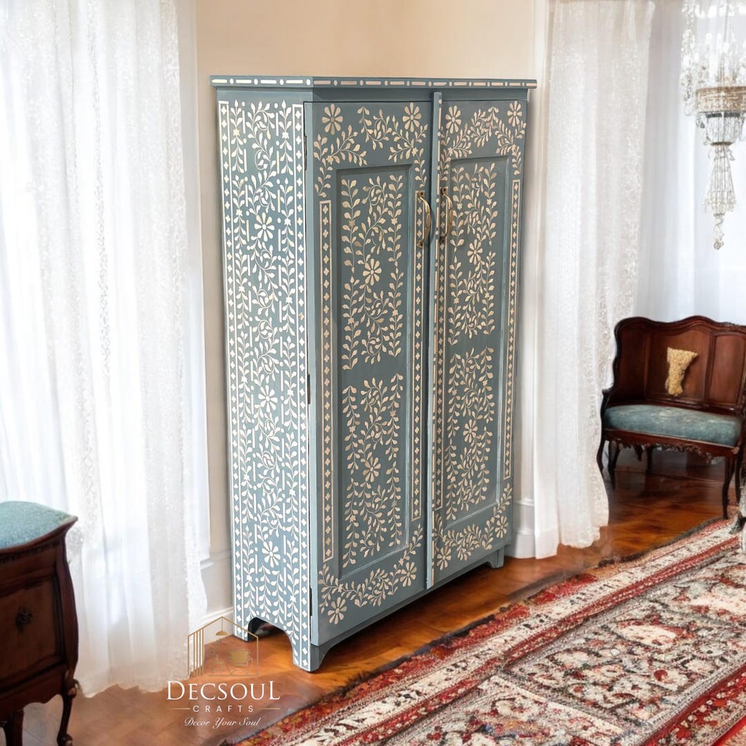 Handmade Bone Inlay Armoire: Boho Floral Accent Cabinet - Etsy UK