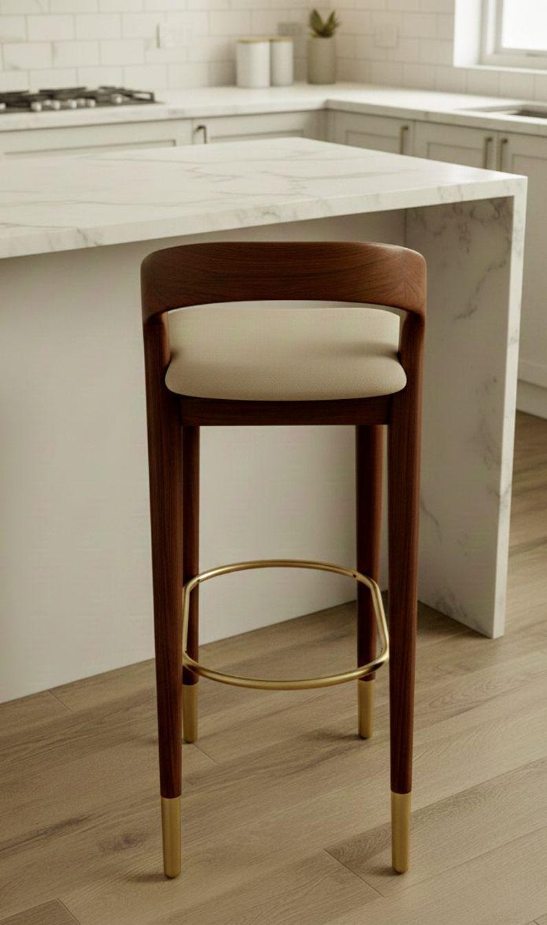 Handmade Modern Walnut Finish Wooden Bar Stool With Backrest Mid ...