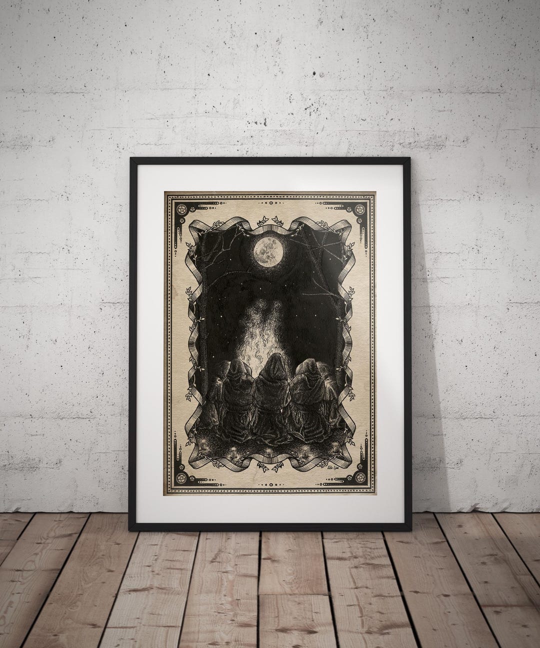 Witches' Coven Art, Moon Ritual Print, Occult Night Illustration ...