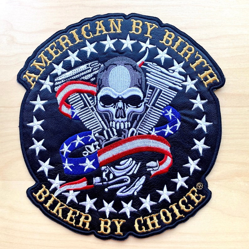 American by Birth Biker by Choice Patch Double Piston Skull Motorcycle ...