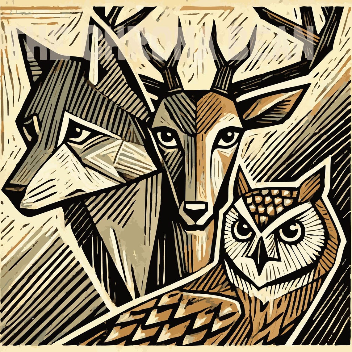 Woodland Animals Lino Print Art: Rustic Christmas Decor (digital ...