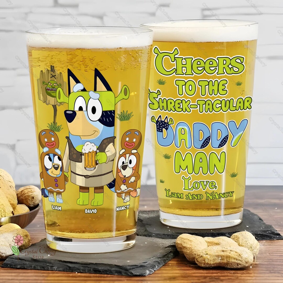 Bluey Shrek Beer Glasses, Dad Beer Glass, Funny Bluey Beer Glasses ...