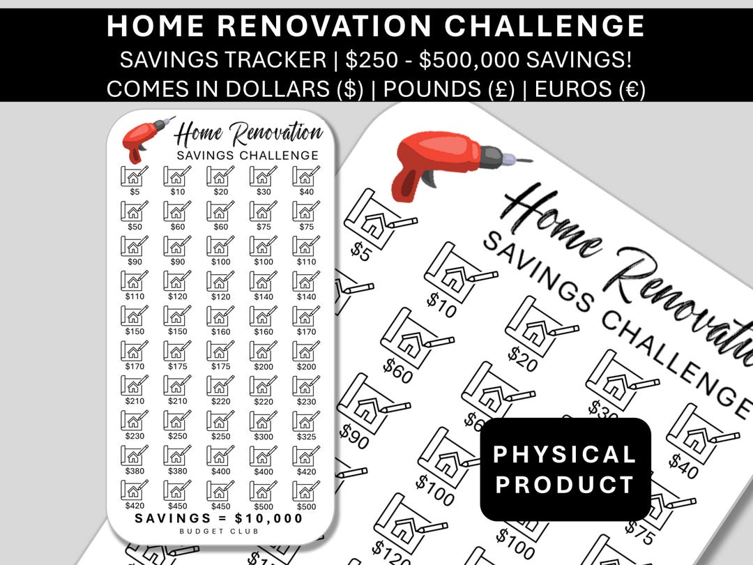 Home Renovation Savings Challenge Card | 250 - 500,000 Savings Goals ...