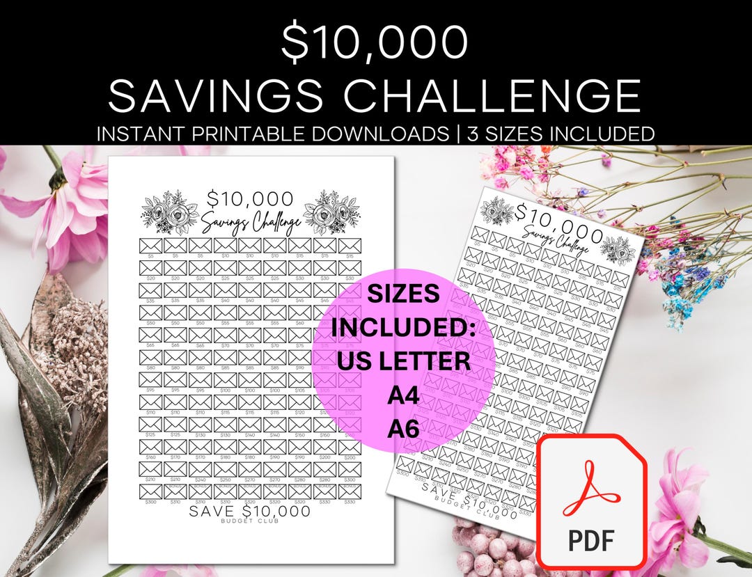 10,000 Savings Challenge Savings Tracker Cards US Letter A4 & A6 ...