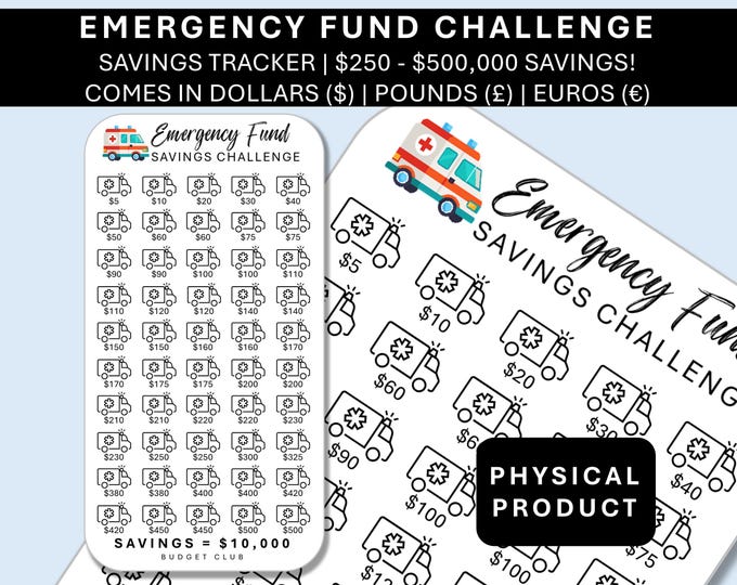 Emergency Fund Savings Challenge Card | 250 - 500,000 Savings Goals ...