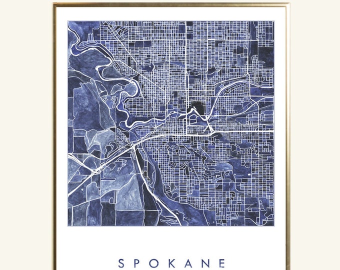 SPOKANE Map Watercolor Print WASHINGTON City Block Plan art - Etsy