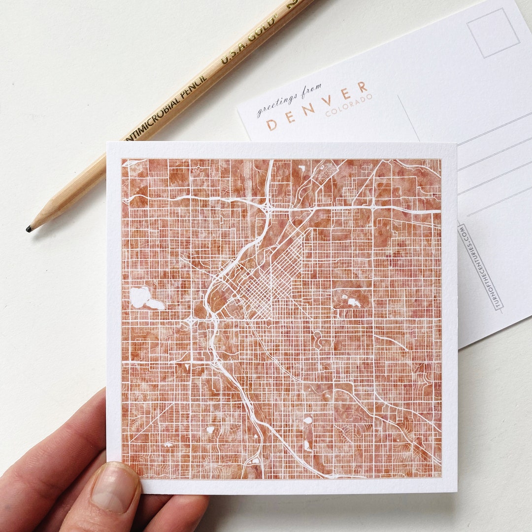 DENVER Watercolor Map POSTCARD Colorado City Map Block Plan Wedding ...