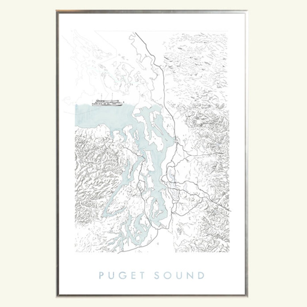 PUGET SOUND Topographic Ferry Map Washington art Print Seattle Tacoma ...