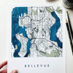 BELLEVUE Washington Map Watercolor Wash City Map (art Print) Wedding ...