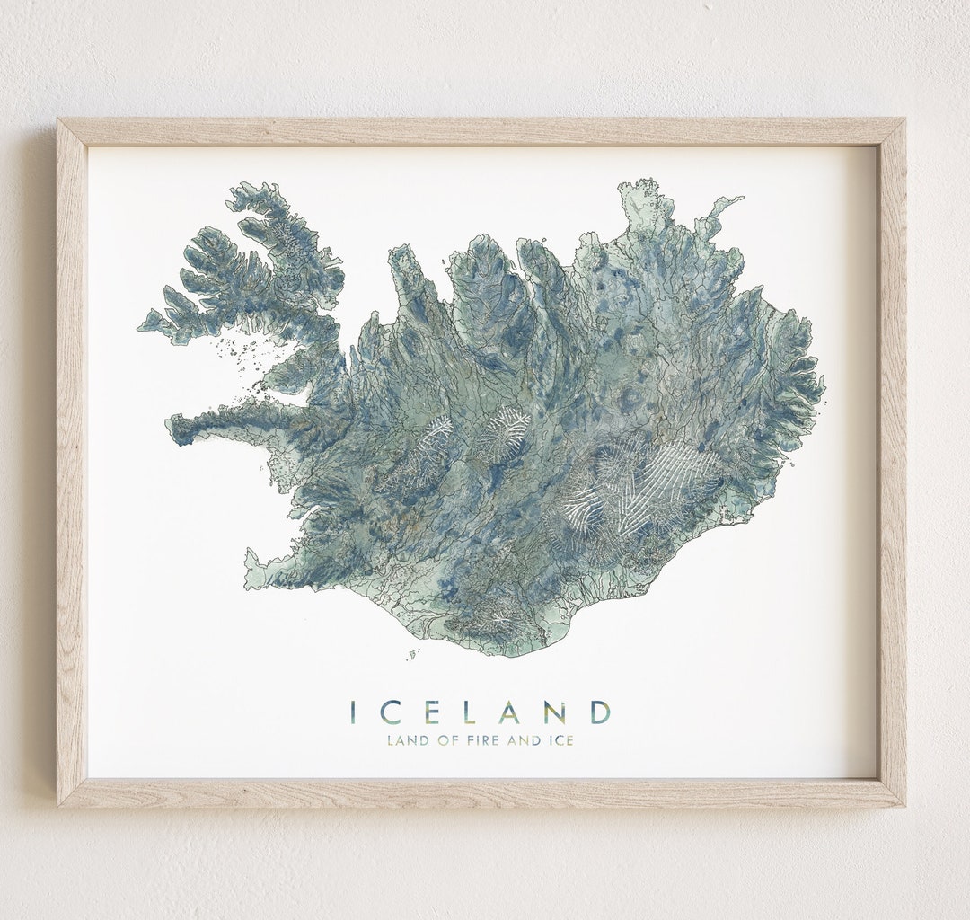 ICELAND Map Hand Painted Stitched Topographical Watercolor Map Print ...