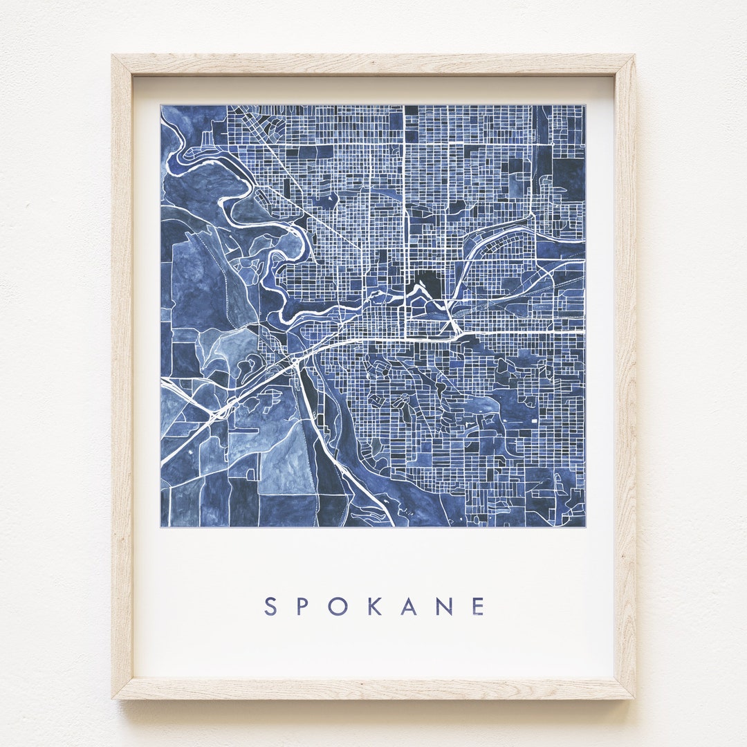 SPOKANE Map Watercolor Print WASHINGTON City Block Plan (art Print ...