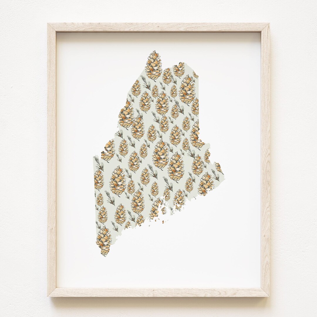 MAINE State Flower Map Watercolor White Pine Cone Tassel (art Print ...