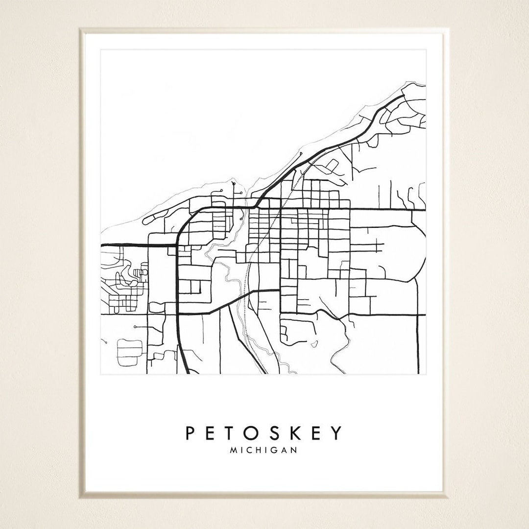 PETOSKEY Street Map MICHIGAN City Map Drawing Black and White art Print ...