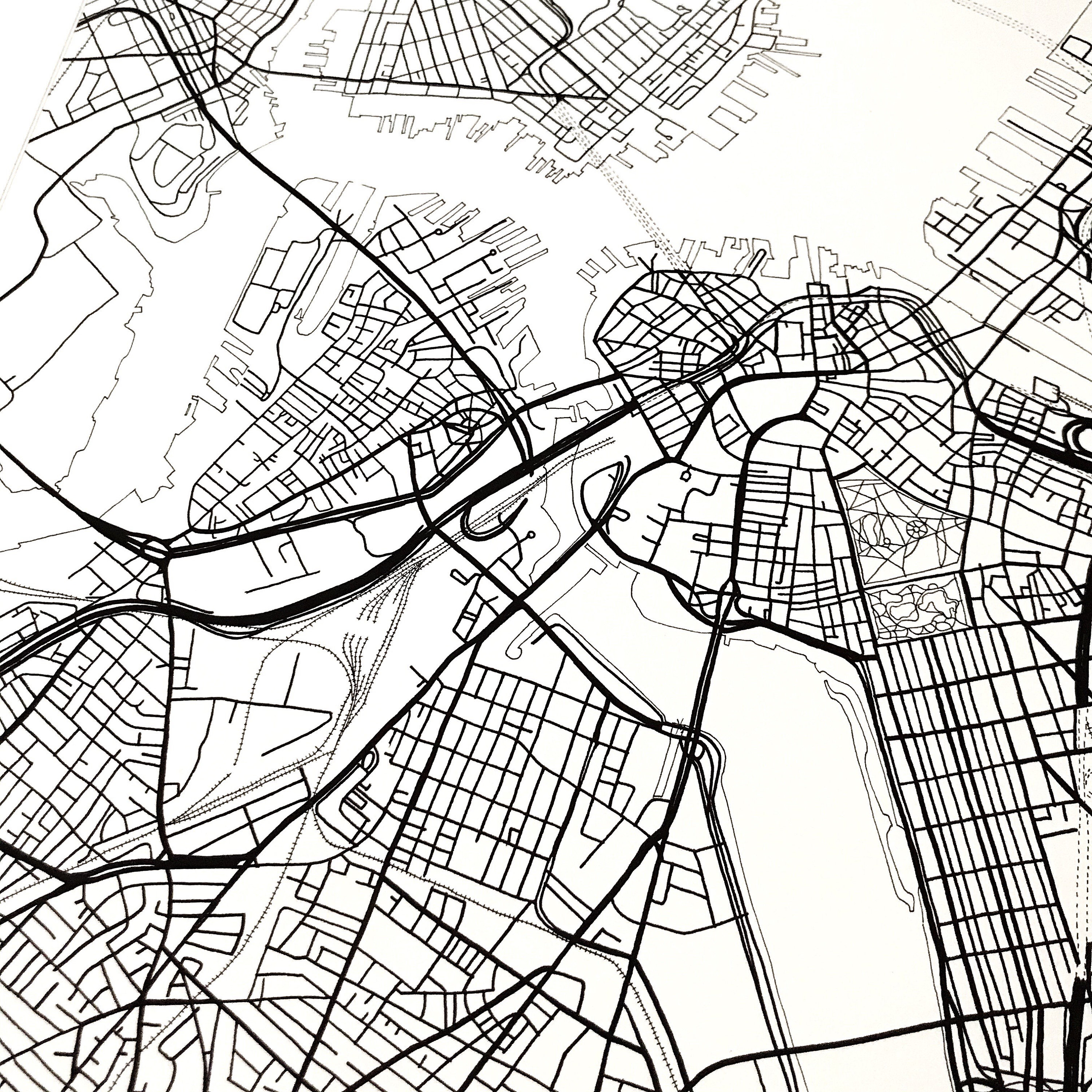 Greater BOSTON Map Street Map MASSACHUSETTS City Map Drawing Black and ...