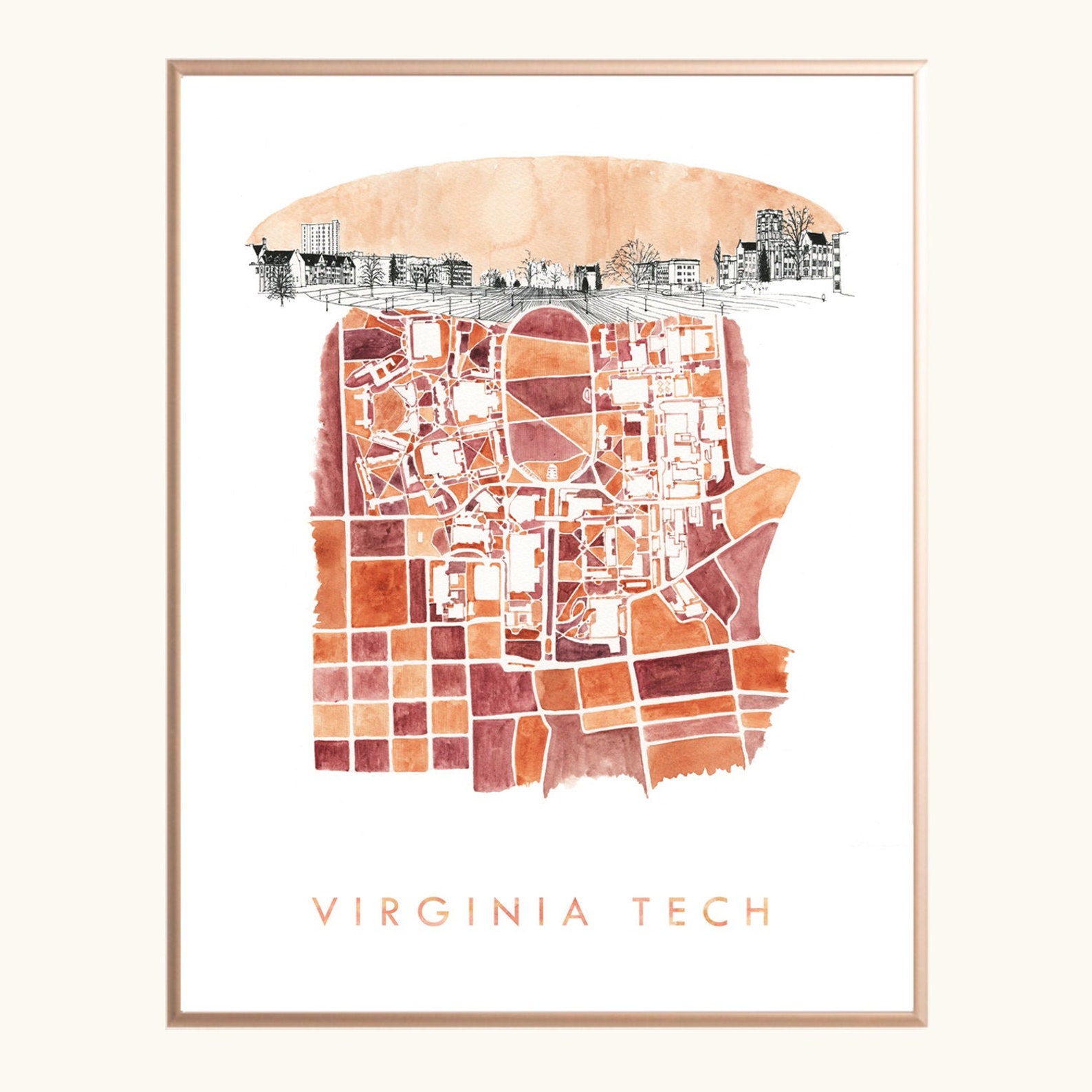 VIRGINIA TECH Hand Painted Campus Watercolor Map art Print - Etsy