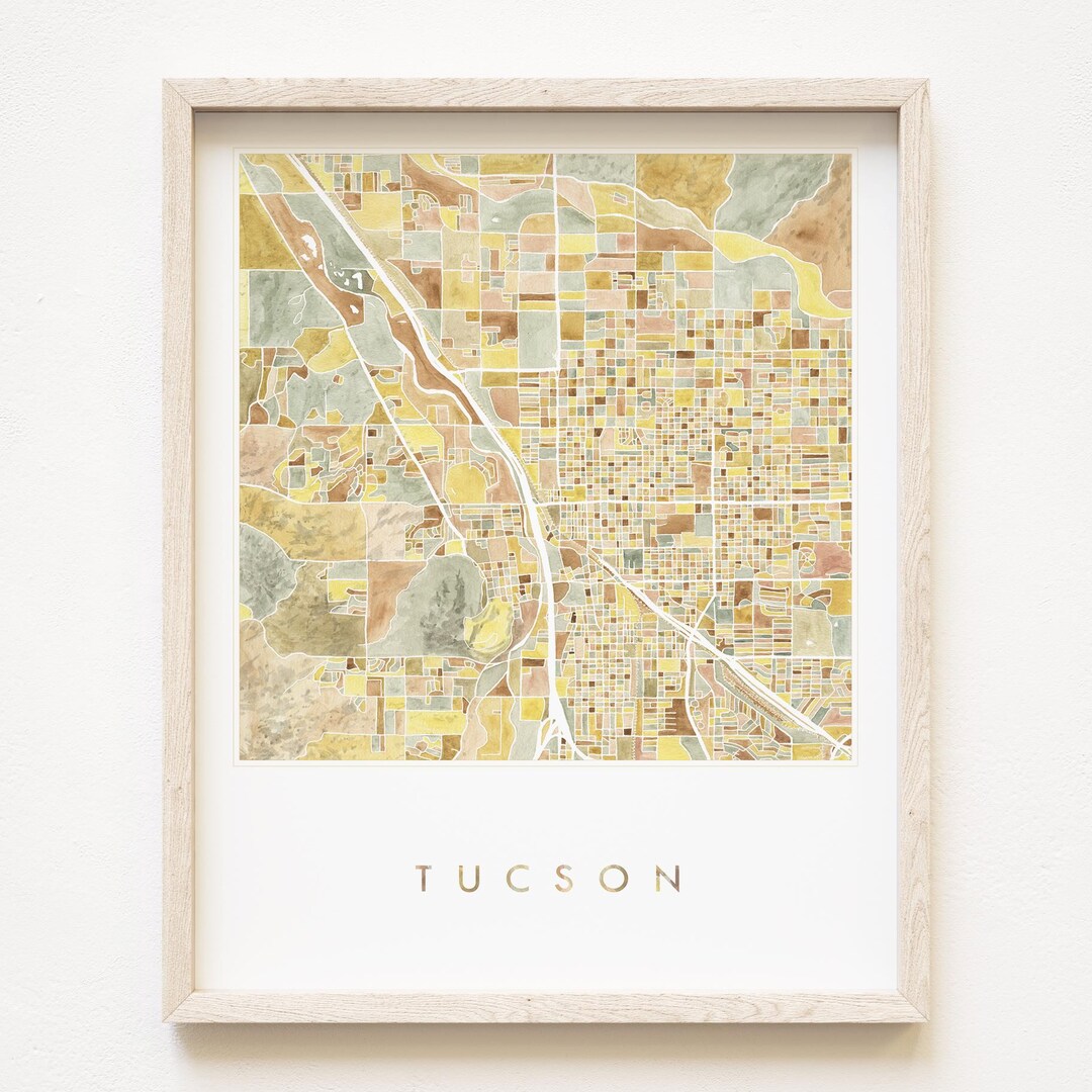 TUCSON Map Watercolor Print ARIZONA Hand Painted City Block Plan (art ...