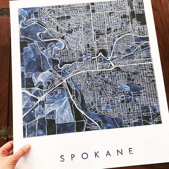 SPOKANE Map Watercolor Print WASHINGTON City Block Plan Art | Etsy