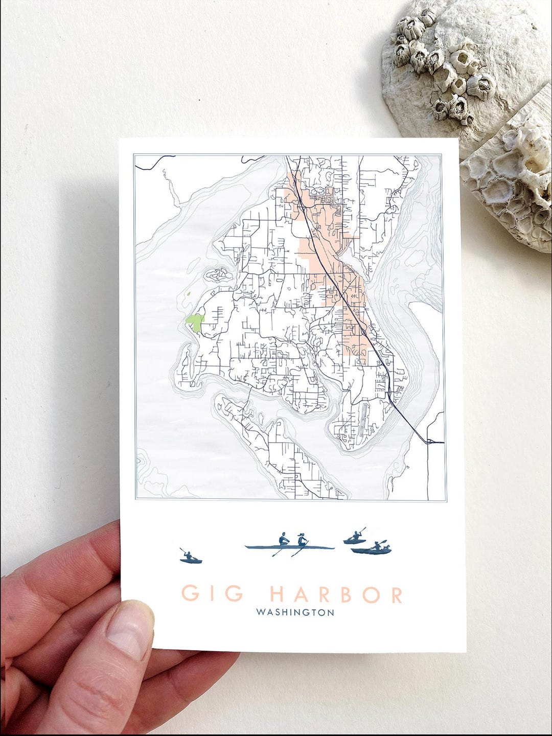 GIG HARBOR Hand-drawn Watercolor Map Standard POSTCARD Washington Kayak ...