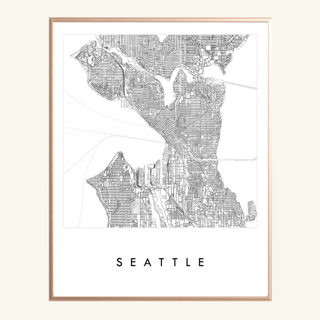 SEATTLE Map Street Map WASHINGTON City Map Drawing Black and | Etsy