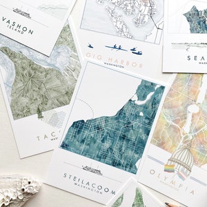STEILACOOM Watercolor Wash Map Blue Green Standard POSTCARD Washington ...