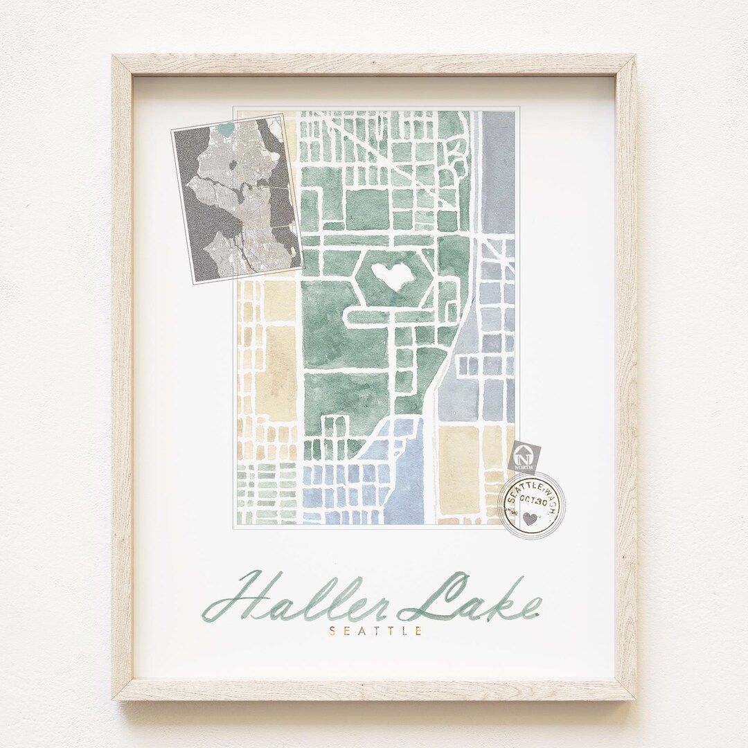 HALLER LAKE Seattle Neighborhood Map Watercolor Print WASHINGTON City Block Plan (art Print ...