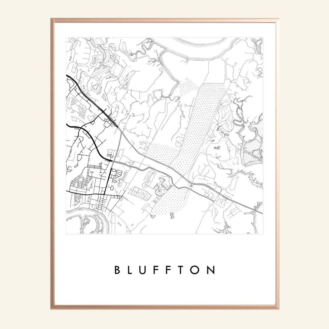 BLUFFTON Street Map Town Map Drawing Black Grey Ink art Print SOUTH ...