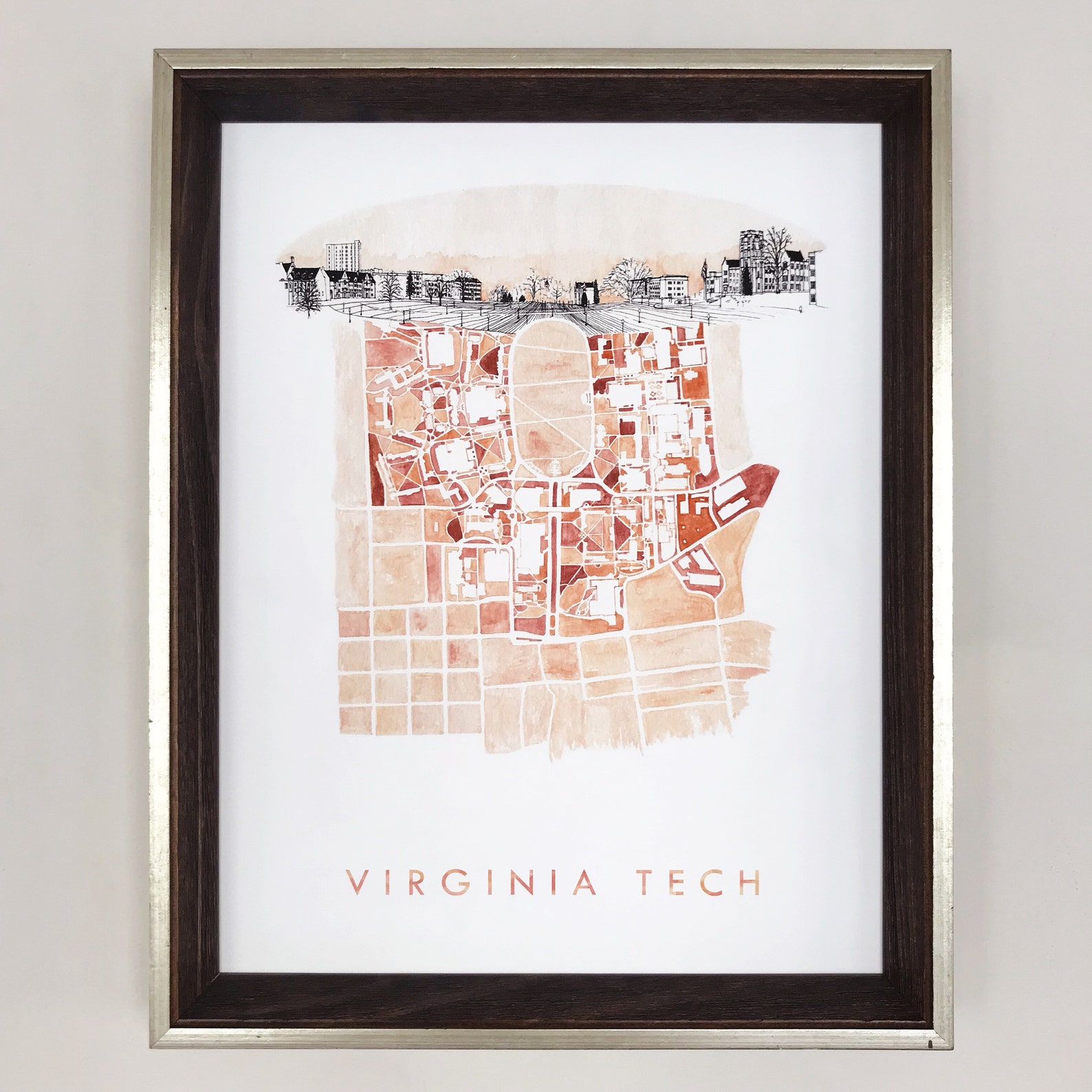 VIRGINIA TECH Hand Painted Campus Watercolor Map art Print - Etsy