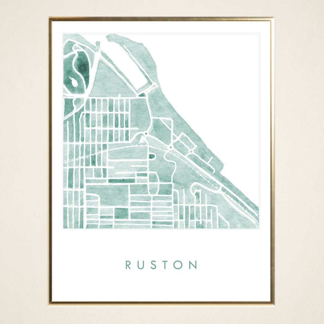 RUSTON Washington Neighborhood Map Blue Watercolor Print - Etsy