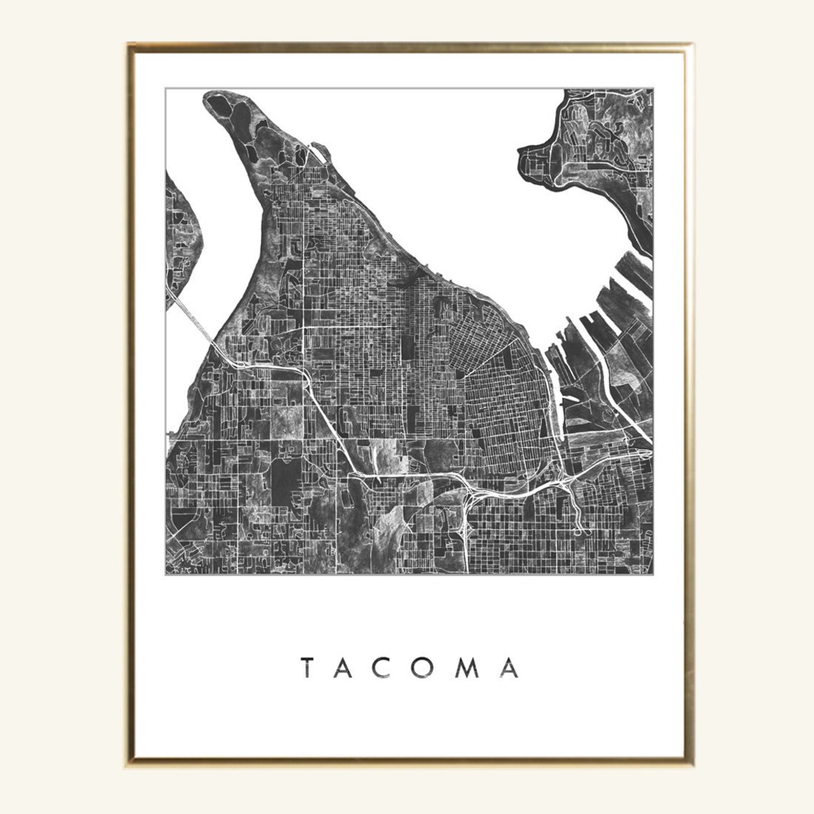 TACOMA Map Black Watercolor Print WASHINGTON City Block Plan - Etsy