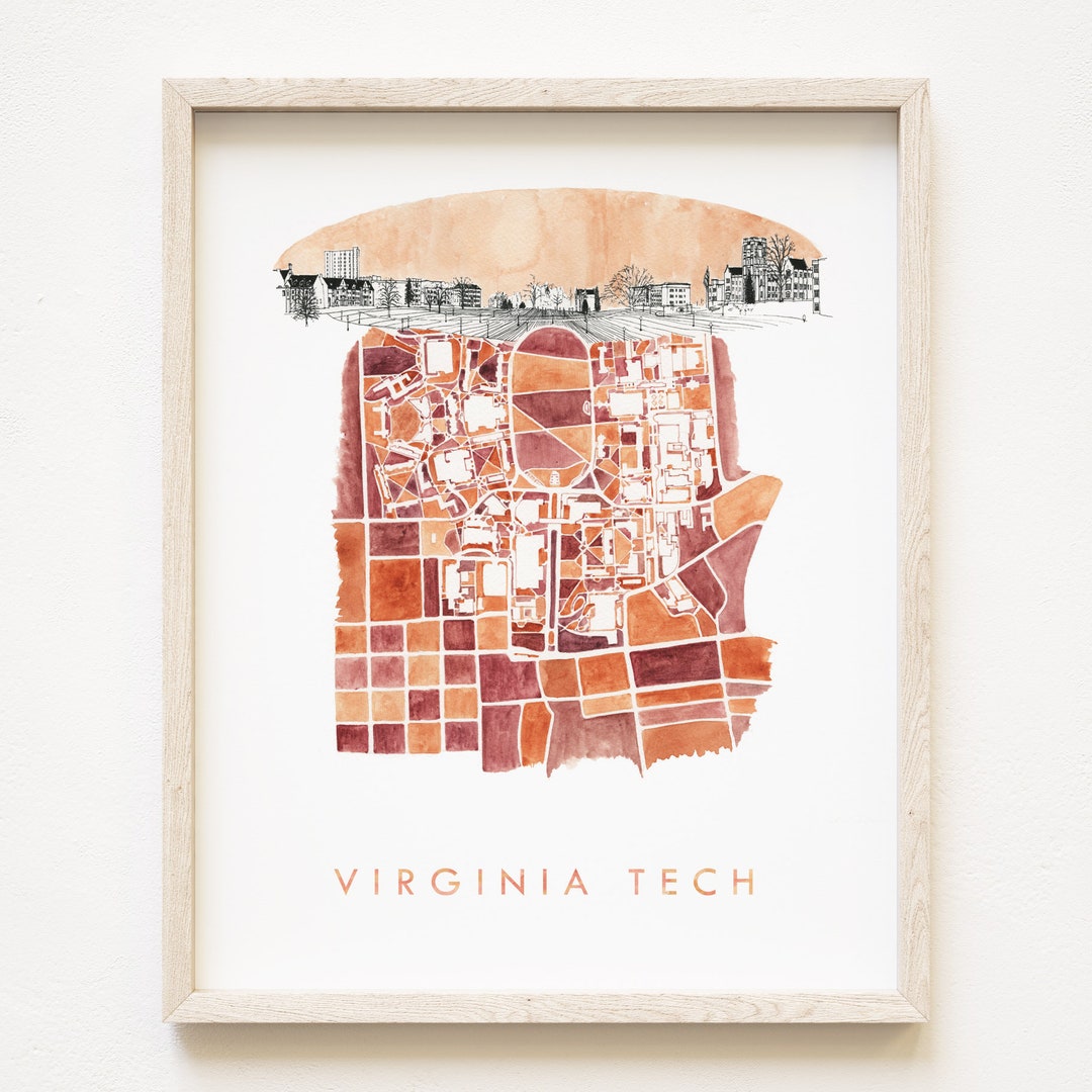 VIRGINIA TECH Hand Painted Campus Watercolor Map (art Print) BLACKSBURG ...