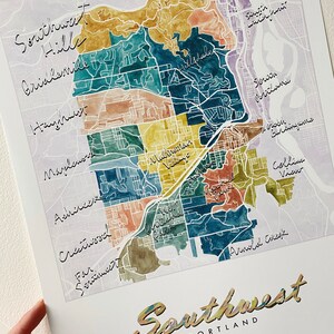 SOUTHWEST Portland Neighborhood Map Colorful Watercolor Print OREGON ...