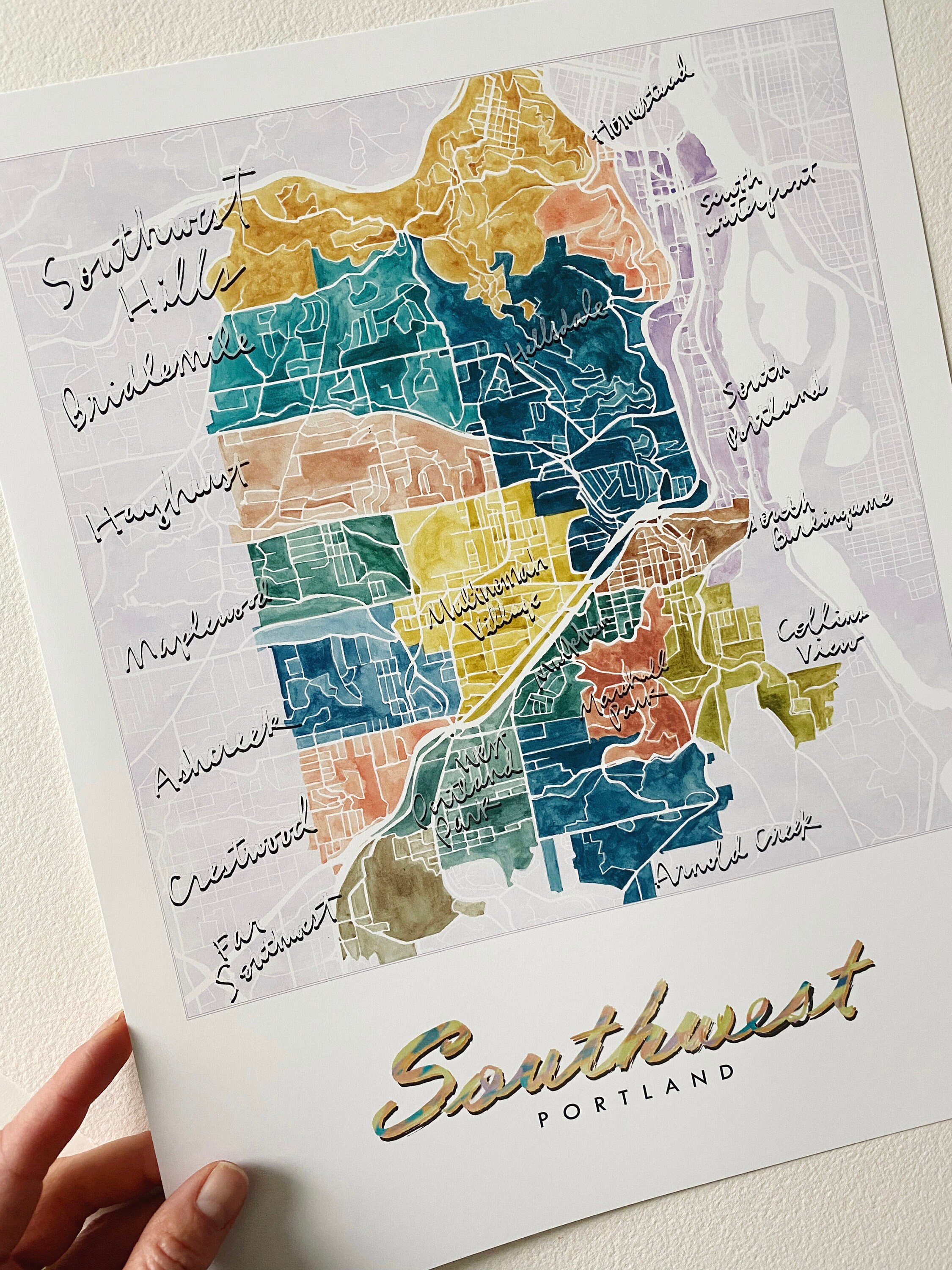 SOUTHWEST Portland Neighborhood Map Colorful Watercolor Print OREGON ...