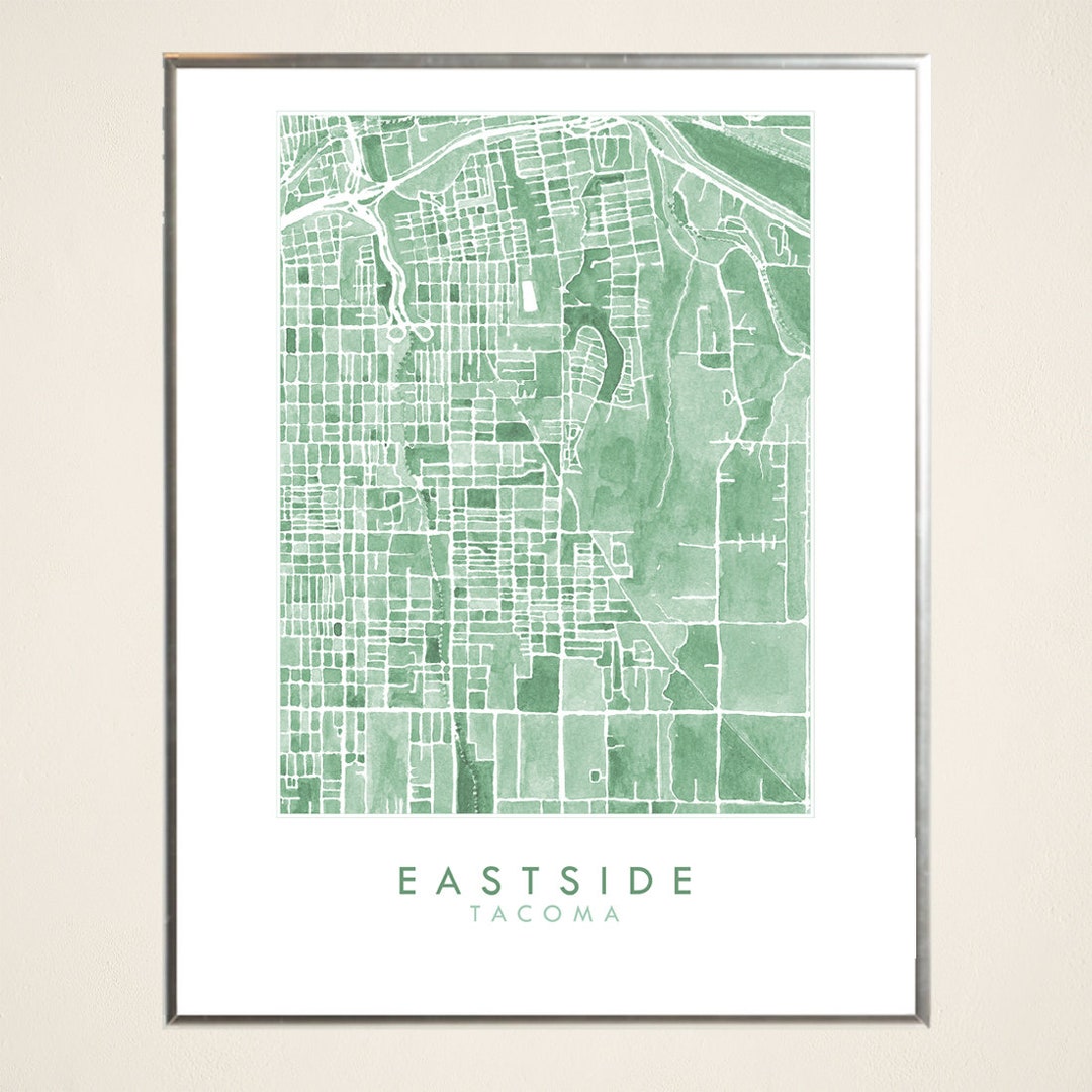 EASTSIDE TACOMA Neighborhood Map Green Watercolor Print WASHINGTON City ...