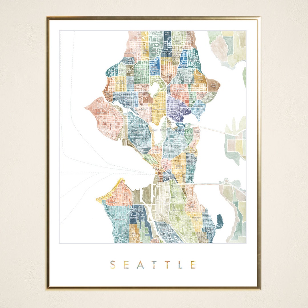 SEATTLE Neighborhoods Map Colorful Watercolor Print WASHINGTON City ...
