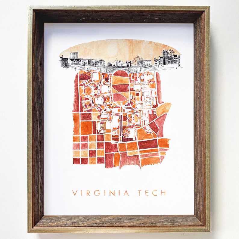 VIRGINIA TECH Hand Painted Campus Watercolor Map (art Print) BLACKSBURG ...