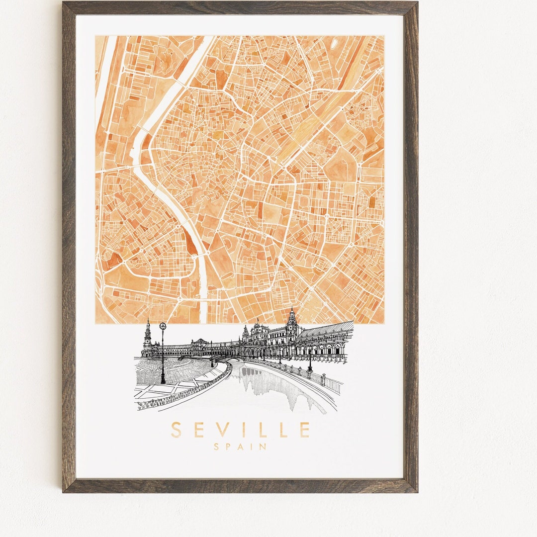 SEVILLE Watercolor Map and Architectural Sketch Print SPAIN City Block ...