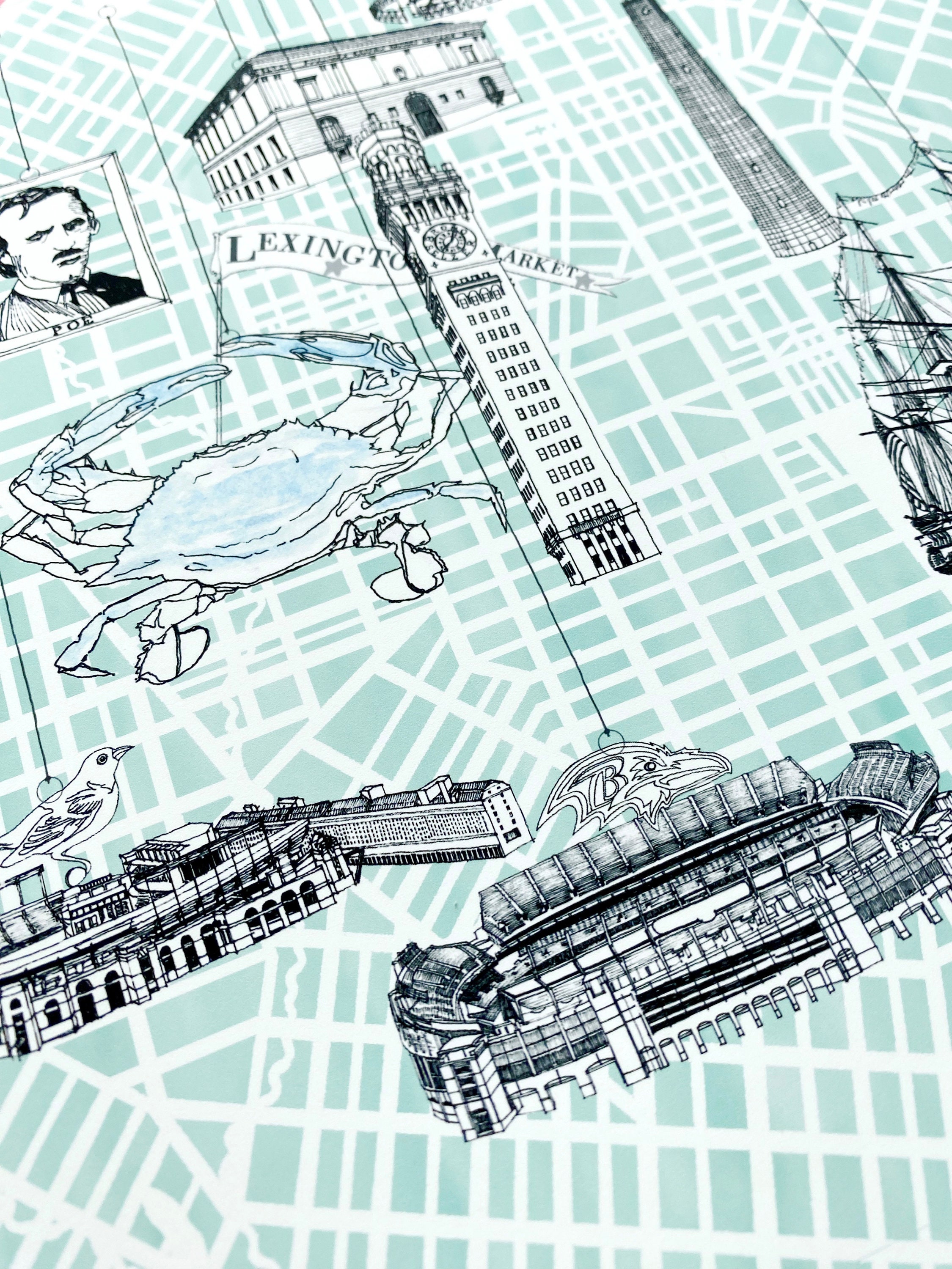 BALTIMORE Hon Charms Landmarks City Map (watercolor Print + Original ...