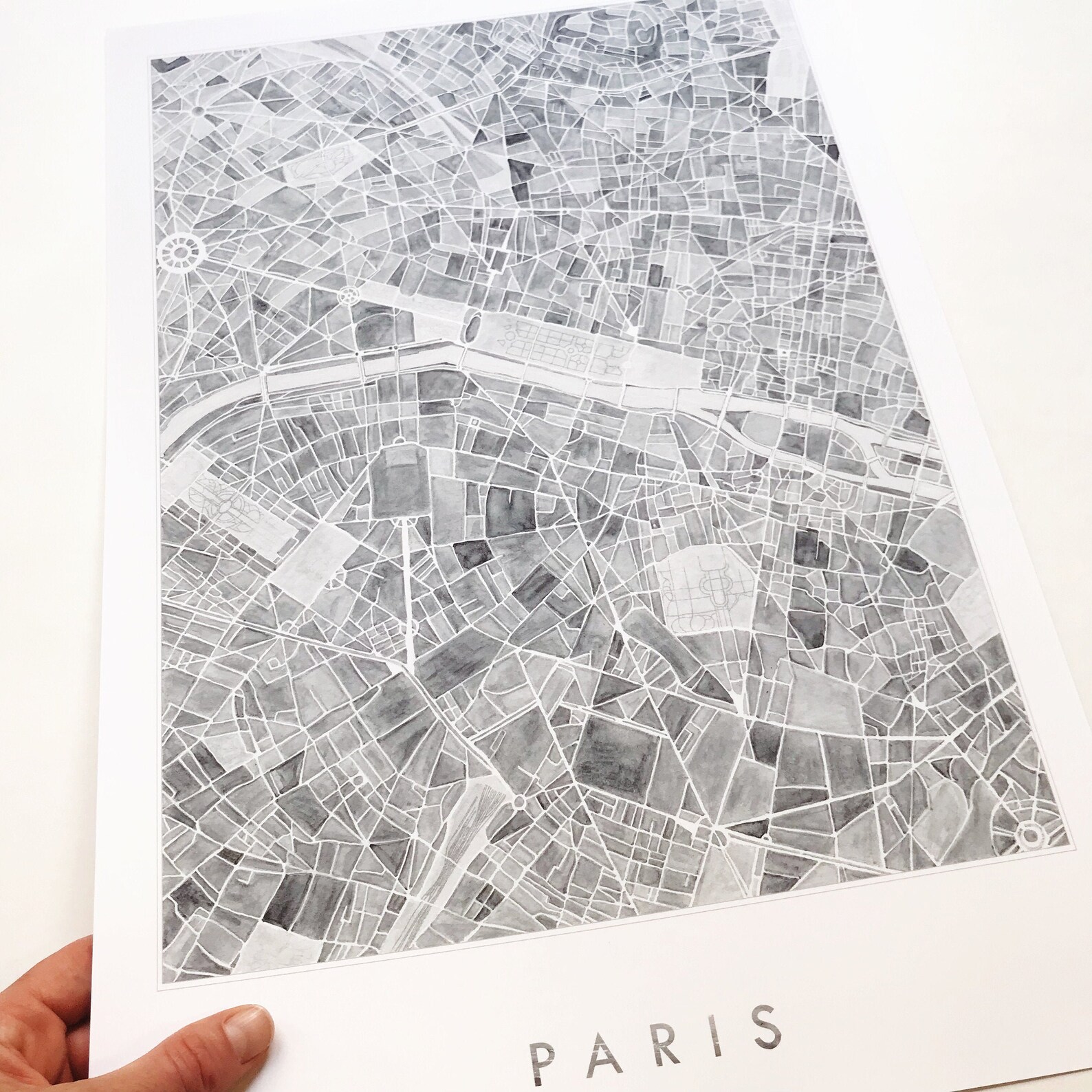 PARIS Map Hand Painted Watercolor Print FRANCE City Block Plan (art ...
